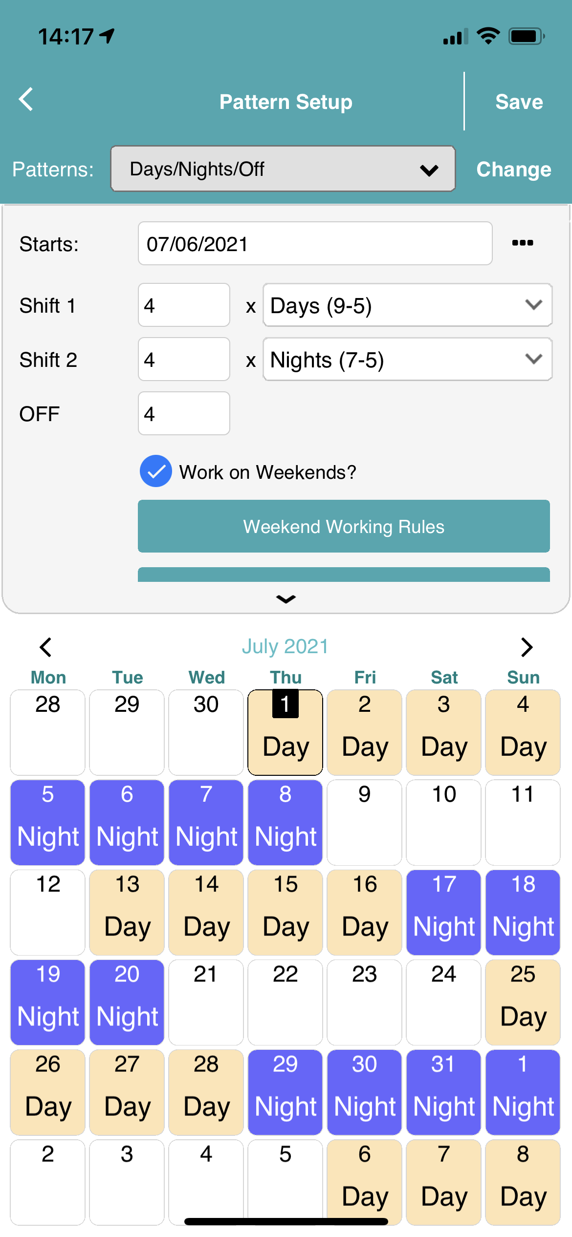 Days Nights Off Shift Pattern - MyShiftPlanner