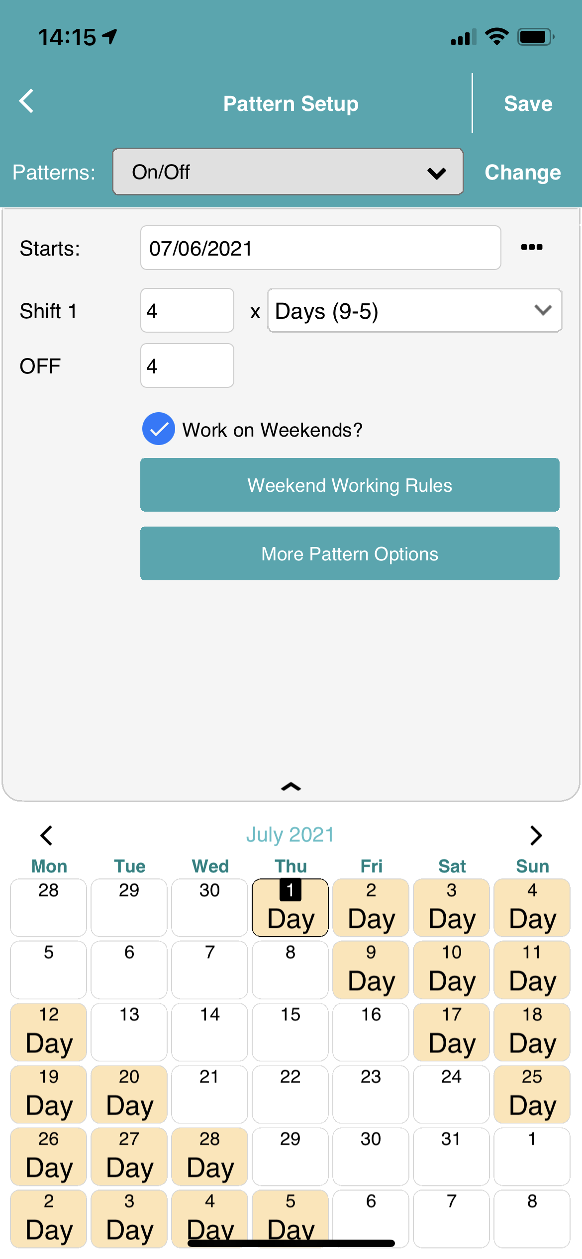 On/Off Shift Pattern - MyShiftPlanner