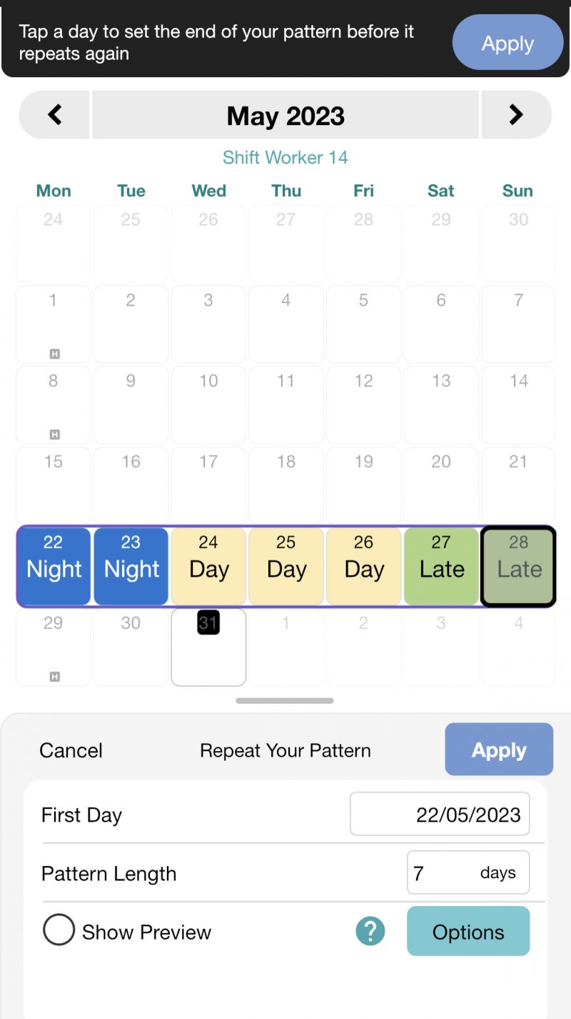 App: Custom Pattern Setup - MyShiftPlanner